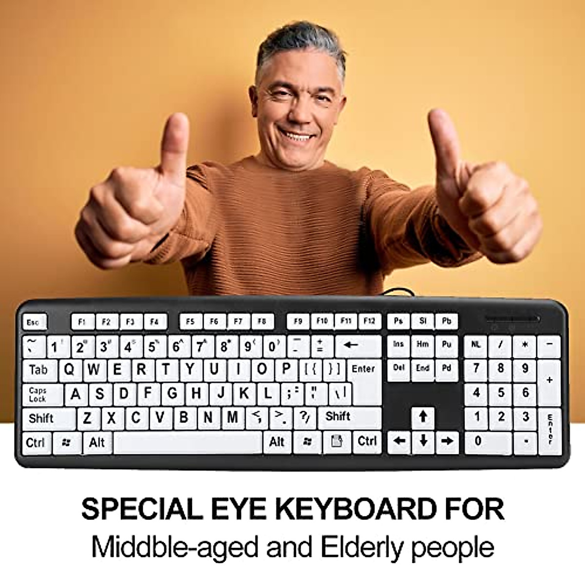 Large Print Computer Keyboard, 104 Keys Standard Full Size USB Wired with Foldable Stands, High Contrast Black and White Keys Perfect for Low Vision, Seniors and Those Just Learning to Type