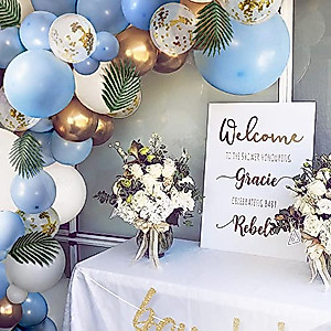 Sweet Baby Co. Boy Baby Shower Blue Balloon Garland Arch Kit for Boy with Greenery Leaves Decorations, Boy Oh Boy Banner, Confetti, Metallic Gold, White, Baby Blue Balloons | Elephant Party Decoration