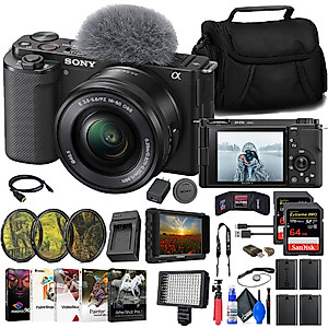 Sony ZV-E10 Mirrorless Camera with 16-50mm Lens (Black) (ILCZV-E10L/B) + 4K Monitor + 2 x 64GB Memory Card + Filter Kit + LED Light + Charger + 3 x NPF-W50 Battery + Card Reader + More (Renewed)
