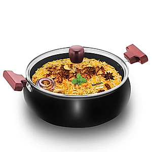 ‎Hawkins Futura 5 Litre Cook n Serve Handi, Hard Anodised Biryani Handi with Glass Lid, Saucepan, Sauce Pan, Black (ACH50G)