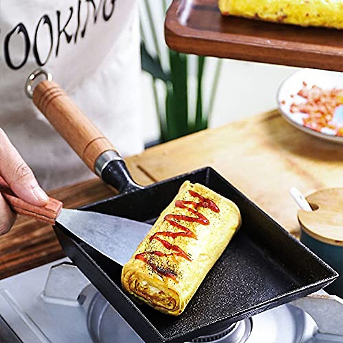 LI-GELISI Tamagoyaki Japanese Omelette Pan/Egg Pan,Rectangle Frying Pan Mini Frying Pan Iron Omelette Pan Tamagoyaki-ki Wooden Handle 9×7 inch
