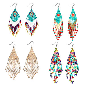 Tuanse 4 Pairs Long Beaded Tassel Earrings Bohemia Colorful Handmade Beaded Earrings Seed Bead Statement Fringe Drop Dangle Earrings Boho Jewelry for Women Gifts, 4 Styles