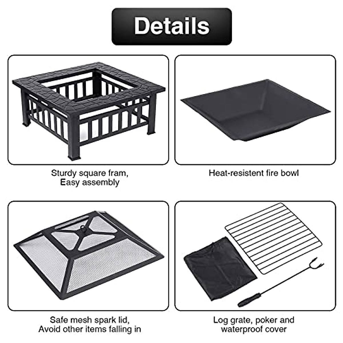 Fire Pit Wood Burning Firepit Metal Square Outdoor Fire Pit Steel BBQ Grill Fire Pit Bowl with Spark Screen Cover, Poker Log Grate for Patio Bonfire Camping Backyard Garden Picnic black 32 inch