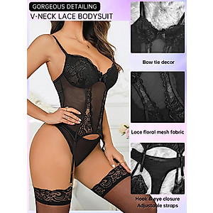 Women's Sexy Lingerie Set with Garter Belt Lace Bodysuit Teddy Baby Dolls Panty with Stockings