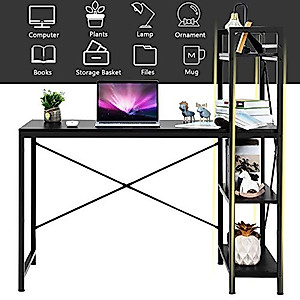 HAPPYGRILL Computer Desk with 4-Tier Bookshelves Writing Study Table Workstation with Tower Storage Shelves for Home Office