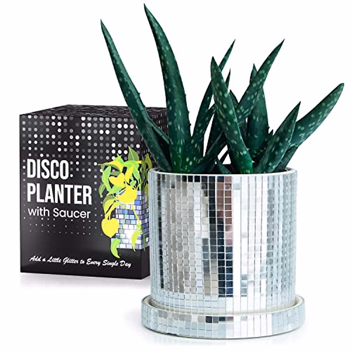 SCANDINORDICA Disco Ball Planter Pot - 4.3 inch Mirror Disco Ball Vase, Disco Planter, Ceramic Planter Pots Indoor with Drainage Hole and Saucer, Cute Desk Decor for Women | 0.2" Mirror Tiles