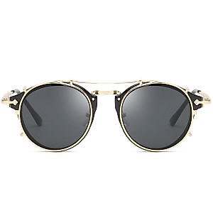 Dollger Double Lens Clip On Sunglasses Non-flip Lens Round Steampunk Style Glasses for Men Women