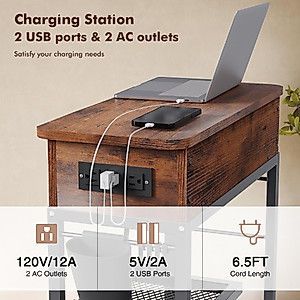 Colima Lift Top End Table with Charging Station and Wheels, Sofa Side Table with USB Port & AC Outlets, Movable Bedside Nightstand with Side Bag for Office Living Room Bedroom(Rustic Wood)