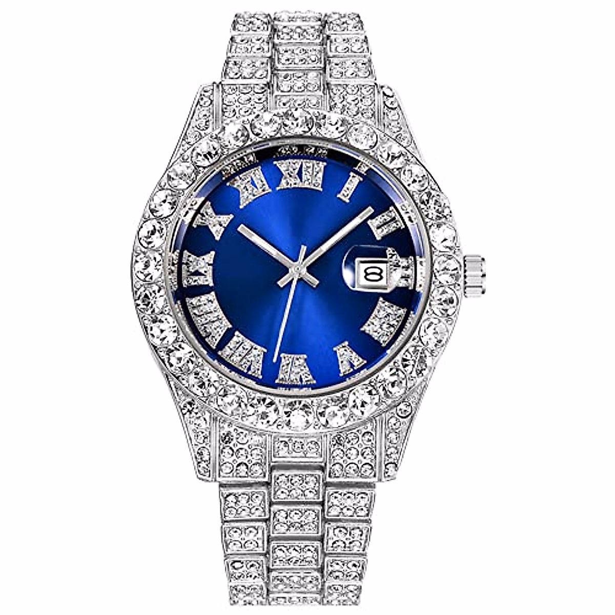 LGXIGE Mens Ice Out Watches Big Rocks with Roman Numerals Fully Colorful Dial Gold Watch (Silver Band Blue)