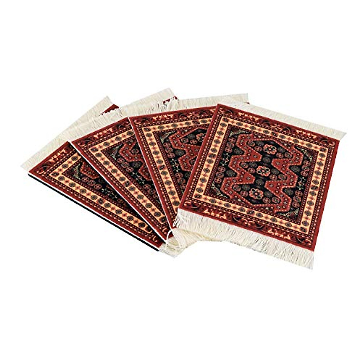 Carpet Coasters, Set of 4 Turkish Rug Style Table Drink mats, Absorbent Kitchen and Dining Accessories, Spill & drip Protection, Rectangular, red Black