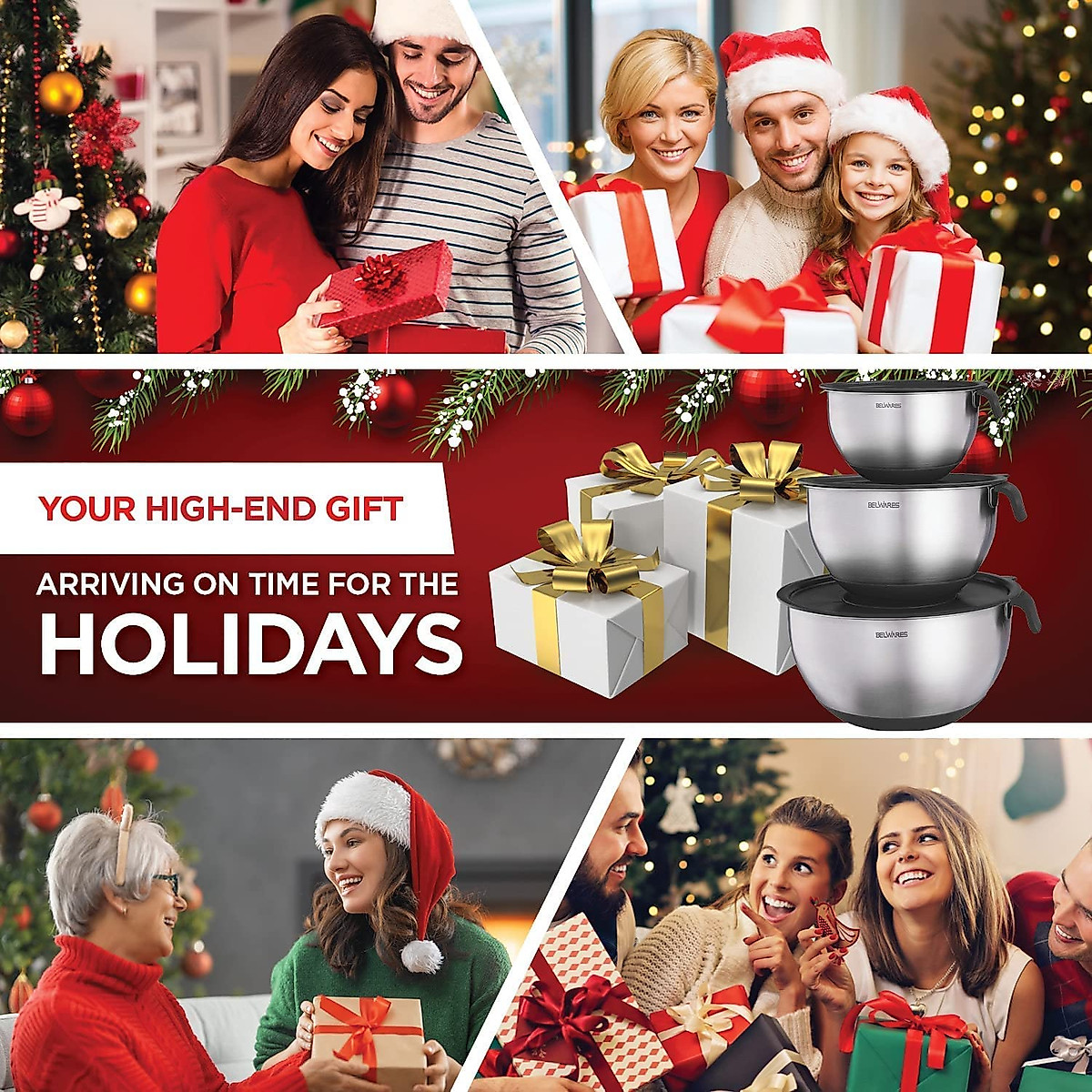 Belwares Mixing Bowls with Lids Set - Nesting Bowls with Graters, Handle, Pour Spout, Airtight Lids - Stainless Steel Non-Slip Mixing Bowl for Cooking, Baking, Prepping, Food Storage (Set of 3)