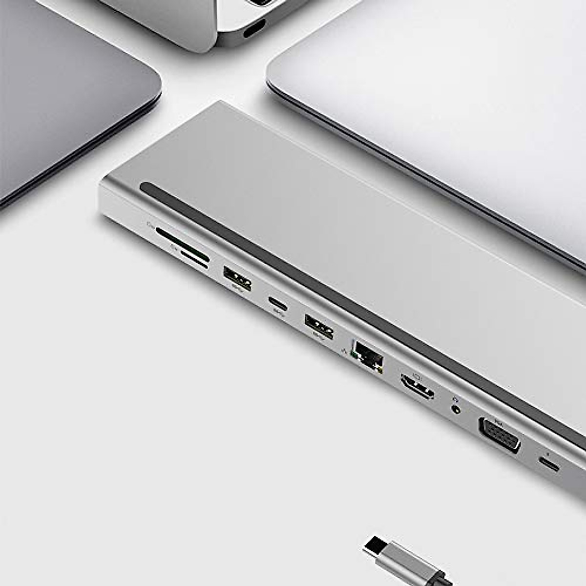 XUNMAIFHB Portable Docking Station,Type-C Multi-Function Docking Station hub hub MacBook Notebook Converter USB3.0/SD Card/RJ45/HDMI/VGA/Stereo Fast Transmission, Gray