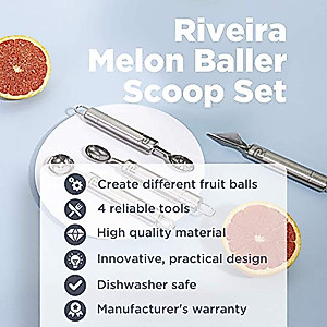 Riveira Melon Baller Scoop Set Stainless Steel 4-Piece Carving Knife Watermelon Cantaloupe Scooper for Cutting and Scooping Fruit Melons