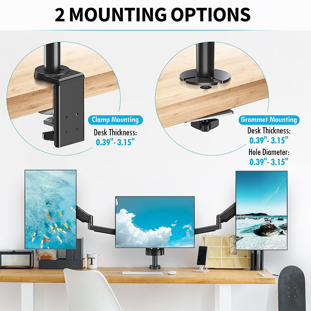 MOUNTUP Triple Monitor Desk Mount& Single Monitor Stand Fully Adjustable Bundle for Computer Screen up to 27 inch, Holds up to 17.6lbs