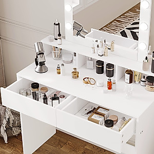 Reettic Vanity Table with Lighted Mirror, Makeup Vanity Desk Set with 2 Storage Drawers, Wooden Bedroom Dressing Table, 9 Lights & Adjustable Brightness, for Women, Mother, Wife, White RSZT101W