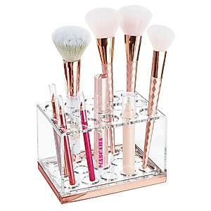 mDesign Plastic Makeup Brush Storage Organizer with 15 Slots for Bathroom Countertop, Vanity to Hold Eye/Lip Pencils, Lip Gloss, Liners, Lipstick - Clear/Rose Gold