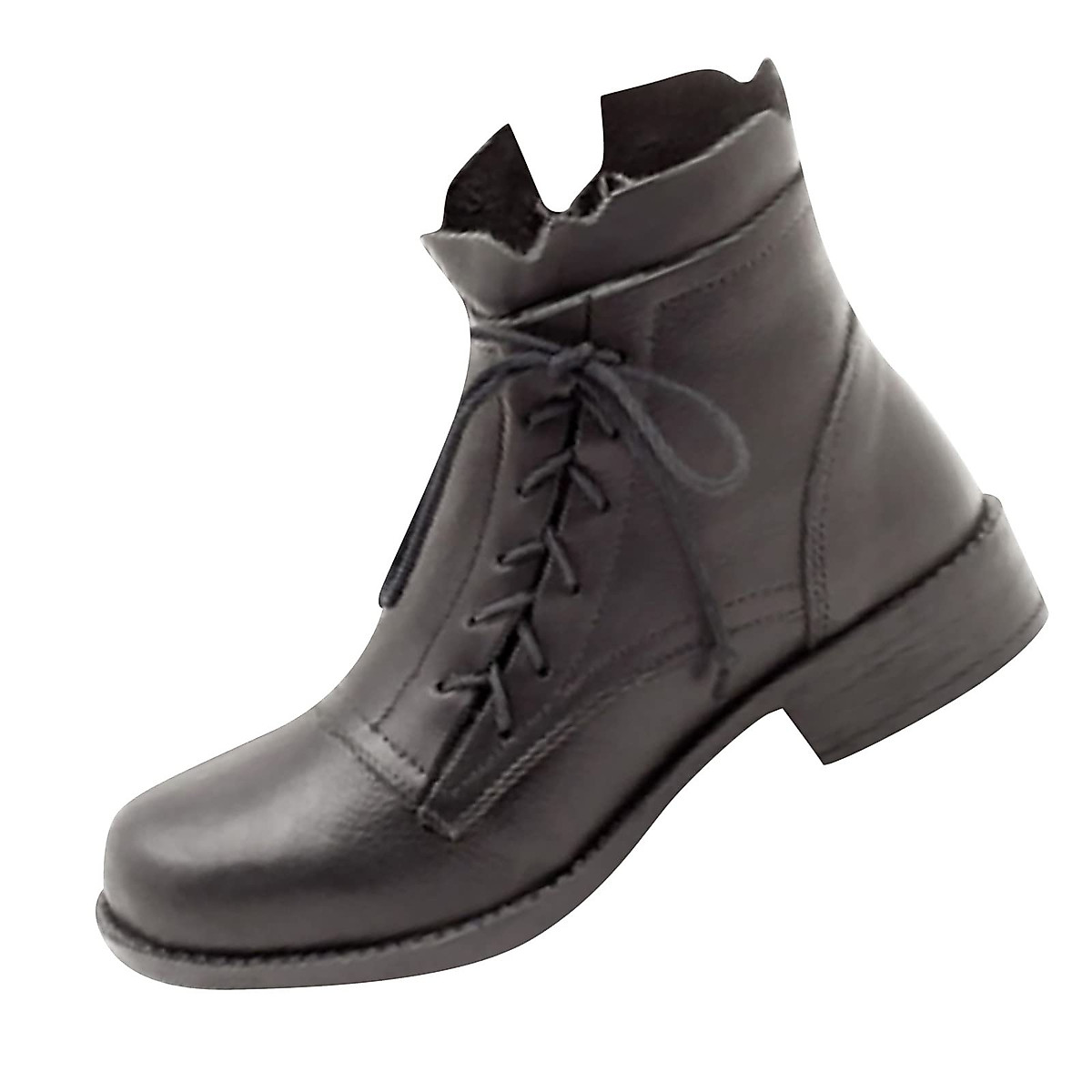 oiangi Chunky Boots for Women - Fashion Bandage Lace Up Side Zipper Ankle Booties Round Toe Mid Heel Mid Calf Boots Comfortable Casual Warm Shoes