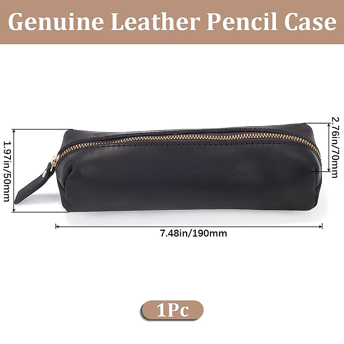 GORGECRAFT Leather Pencil Case Crazy Horse Large Capacity Genuine Leather Pencil Pouch Rectangular Portable Zippered Pen Cases with Zipper for Men and Women Office Supplies Pen Case, Black