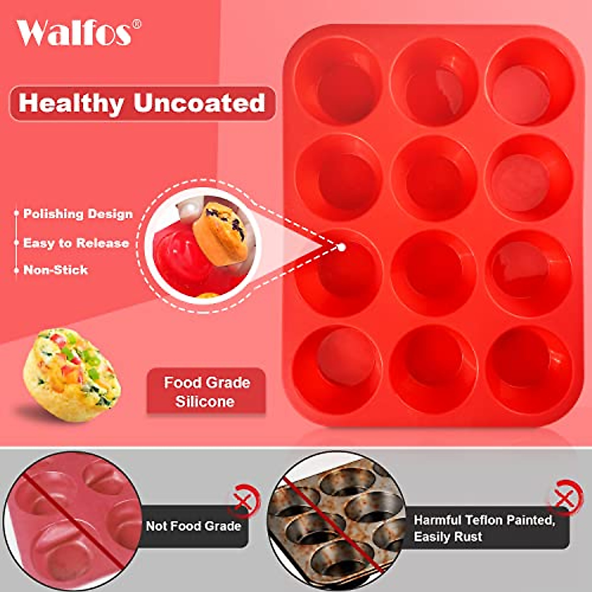 Walfos Silicone Muffin Pan Set - 12 Cups Regular Silicone Cupcake Pan, Non-stick and BPA Free, Great for Making Muffin Cakes, Tart, Fat Bombs - Dishwasher Safe, 2-Piece