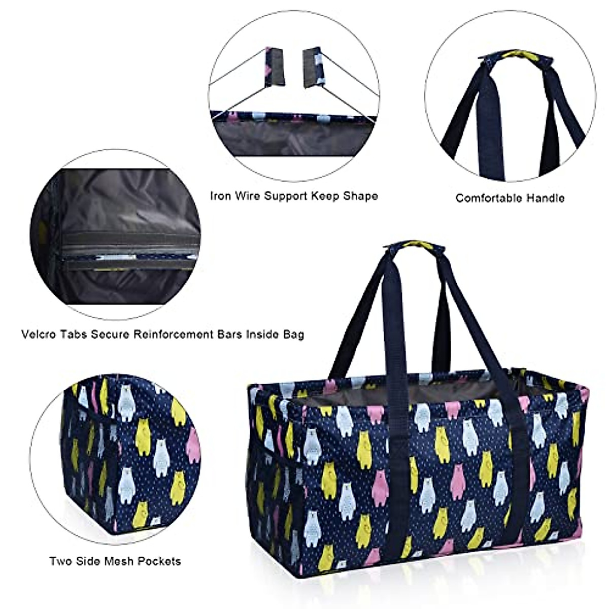 Extra Large Utility Tote Bag Beach Bag Reusable Grocery Bags Collapsible Tote with Wire Frame for Groceries Storage Picnic Blue bear