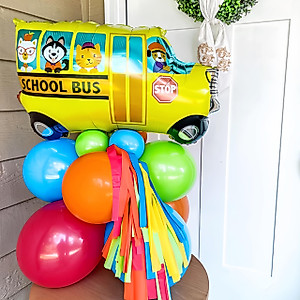 CYMYLAR 11 Pcs Back to School Balloons/Large Yellow School Bus Balloon/Colorful School Bag Pencil Crayon Box Foil Balloons/Red Yellow Mylar Helium Star/School Teacher Party Supplies/Blue Latex Balloon