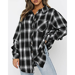 CHYRII Womens Button Down Flannel Shirts Long Sleeve Plaid Shacket Business Casual Tops Black S