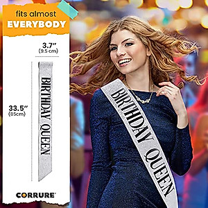 CORRURE 'Birthday Queen' Sash Glitter with Black Foil - Silver Glitter Happy Birthday Sash for Women - Party Favors Supplies and Decorations for Sweet 16, 18th 21st 30th 40th or Any Bday Party