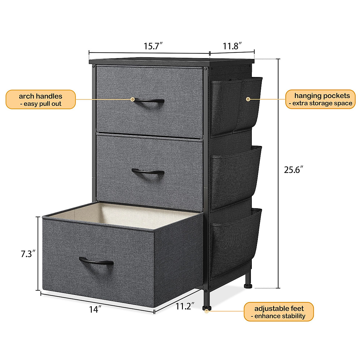 EnHomee Nightstand with 3 Drawers, Night Stand for Bedroom, Bedside Table with Wooden Top, Sturdy Steel Frame End Table, Small Dresser for Bedroom, Living Room, Grey