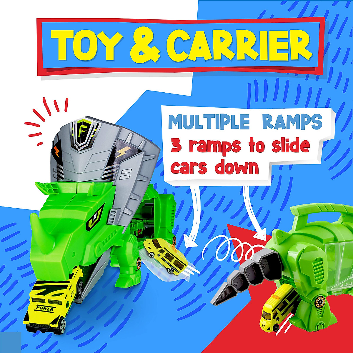 Think N Thrill Dinosaur Toys Storage Carrier for Kids Includes 6 Mini Dinosaurs 3 Toy Cars & Helicopter - #1 Best Fun Playset for Boys & Girls - Great for Children Ages 3+ Years Old (Dinosaur)