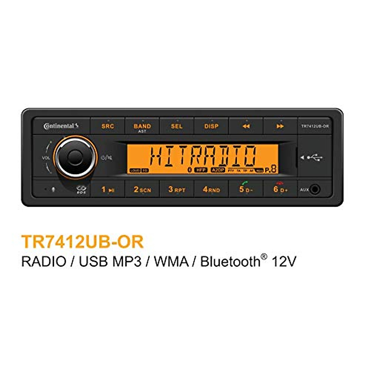 VDO Continental TR7412UB-OR European Style 12v Radio Orange Display Bluetooth (Renewed)