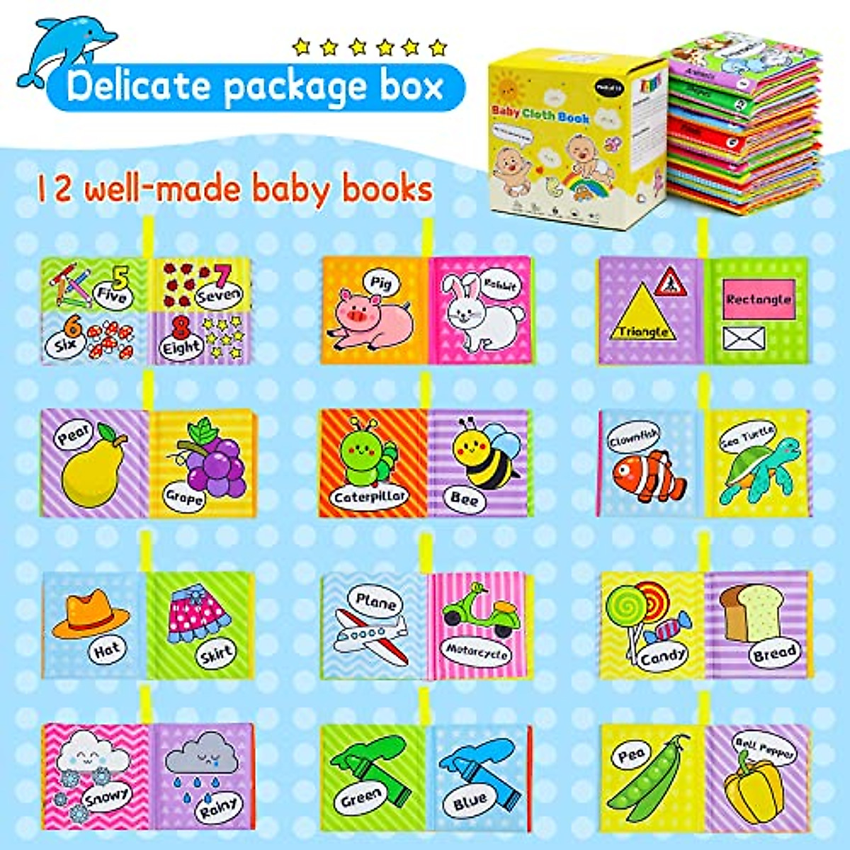OKOOKO Baby Books 12PCS Soft Cloth Books Bath Books Crinkle Paper Washable Non-Toxic Educational Preschool Learning Toy for Babies Infants Toddlers Kids (Colors)