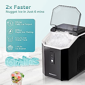 EUHOMY Nugget Ice Maker Countertop with Handle, Ready in 6 Mins, 33lbs/24H, Removable Top Cover, Auto-Cleaning, Portable Pebble Ice Maker with Basket and Scoop, for Home/Party/Camping. (Black)