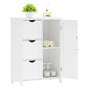 Reettic Bathroom Floor Cabinet, Wooden Freestanding Storage Cabinet, Side Storage Organizer with 1 Cupboard and 3 Drawers, Adjustable Shelf, 23.6" L x 11.8" W x 31.9" H, White BYSG101W