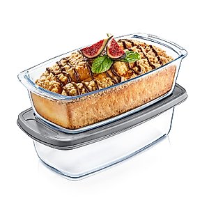 NutriChef 2-Piece Glass Loaf Pan Set, 1.9-QT Stackable Tempered Glass Bread Pans w/Airtight BPA-Free Lid - Dishwasher, Oven, Freezer, & Microwave Safe, 62oz Loaf Dish Set