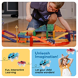 PicassoTiles Magnetic Race Track Toys Car Tracks Set for Toddlers Magnet Building Blocks Tiles Sensory Toys for Kids Include 2 Trucks STEM Engage in Thrilling Races Age 3+ Year Old Boys Girls