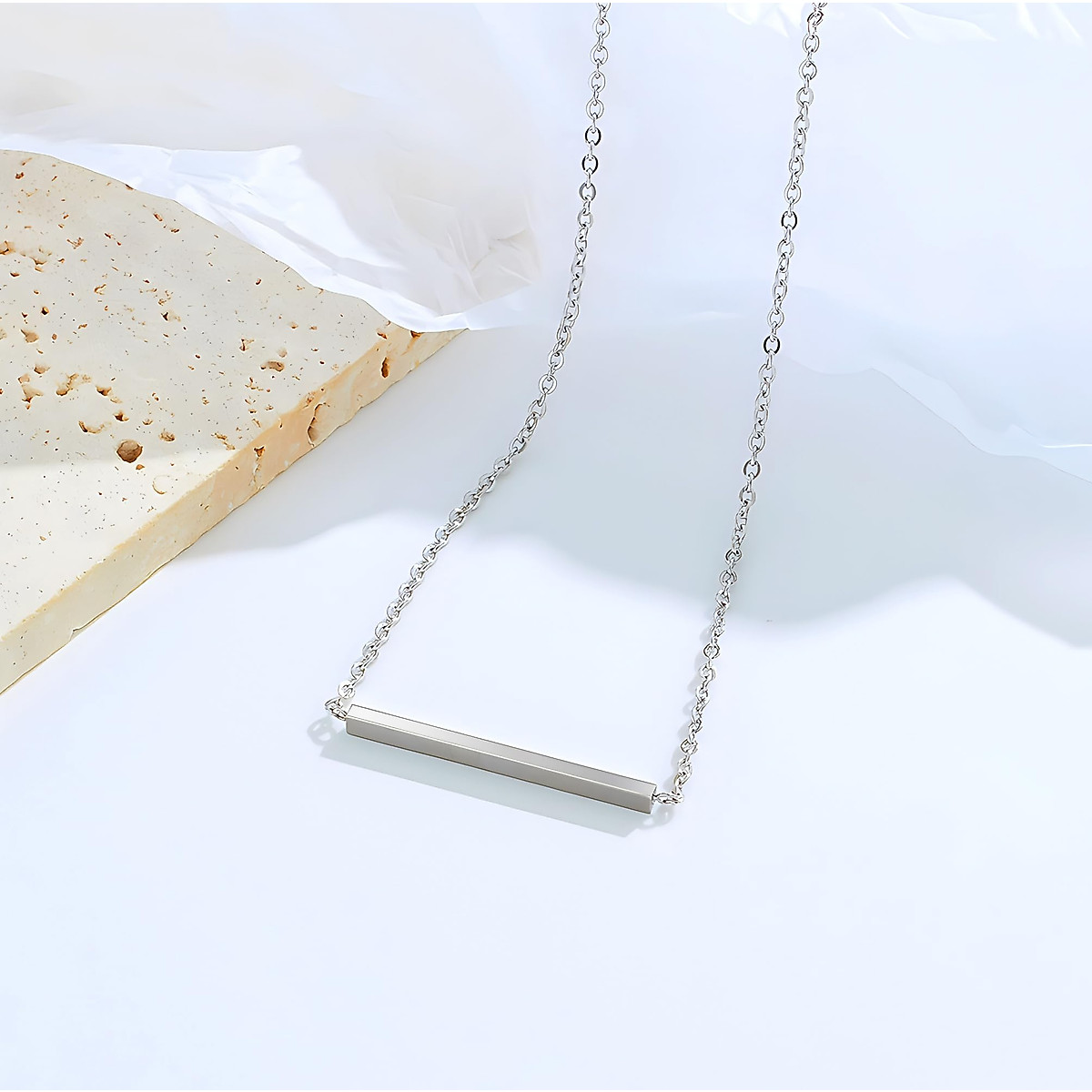 KristLand - Women Simple Bar Pendant Necklace Dainty 18K Gold Necklace Rose Gold Plated Simple Design Solid Circle, Heart Choker Chain Silver Necklaces for Women A Solid Bar Silver