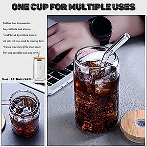 YYC Glass Cups with Lids and Straws 4pcs[Coffee Accessories Gifts],16oz Iced Coffee Cups with Lids-Beer Can Glass with Lids and Straw,Cute Glass Cups Drinking Glasses Set w Silicone Sleeve/Stickers