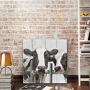 Yelash Couple Cow Pictures Wall Decor, Love Themed Canvas Wall Art Print, Curious Cow Painting Poster, Funny Farm Animal Mural for Bedroom Bathroom and Kitchen Framed (12"x12")