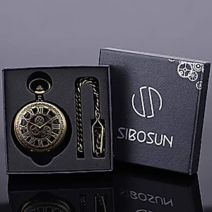 SIBOSUN Pocket Watch Skeleton Mechanical Double Case Hand-Wind Bronze Roman Numerals Antique Chain Mens