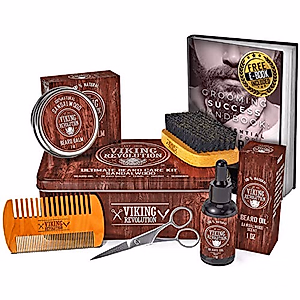 Viking Revolution Beard Grooming Kit for Men - Ultimate Beard Kit - Boar Beard Brush, Wood Beard Comb, Sandalwood Beard Balm, Sandalwood Beard Oil, Beard & Mustache Scissors