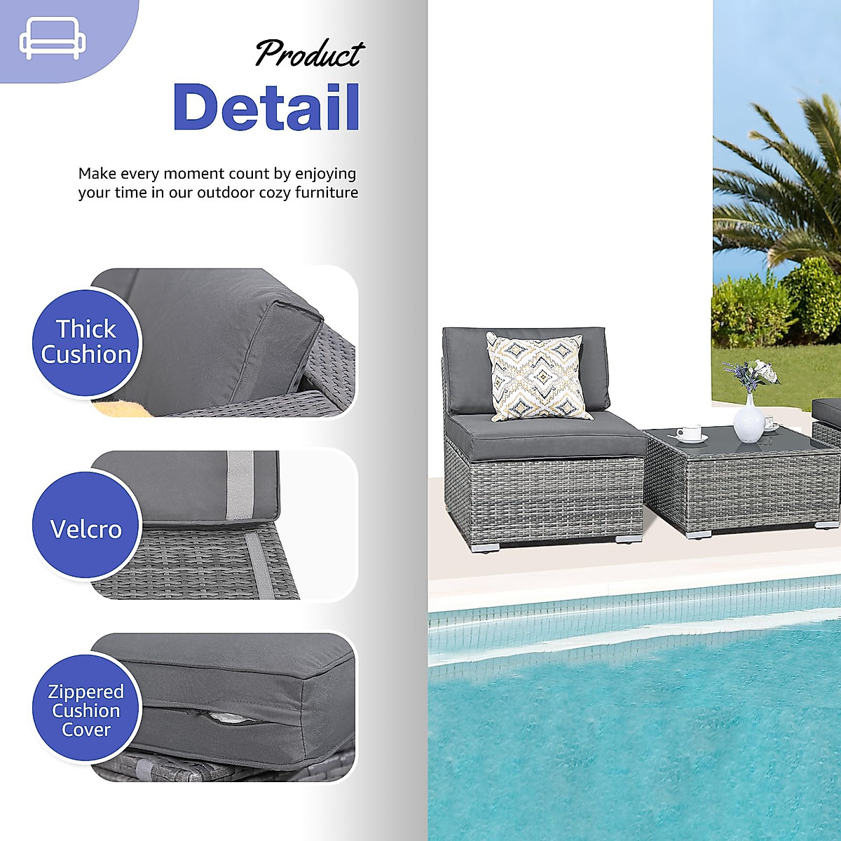 Patiorama 3-Piece Patio Furniture Set, Outdoor Sectional Sofa, All-Weather Grey PE Wicker Rattan Conversation Set, Outdoor Couch Loveseat Sofa w/Coffee Table for Deck Balcony Pool(Dark Grey Cushion)