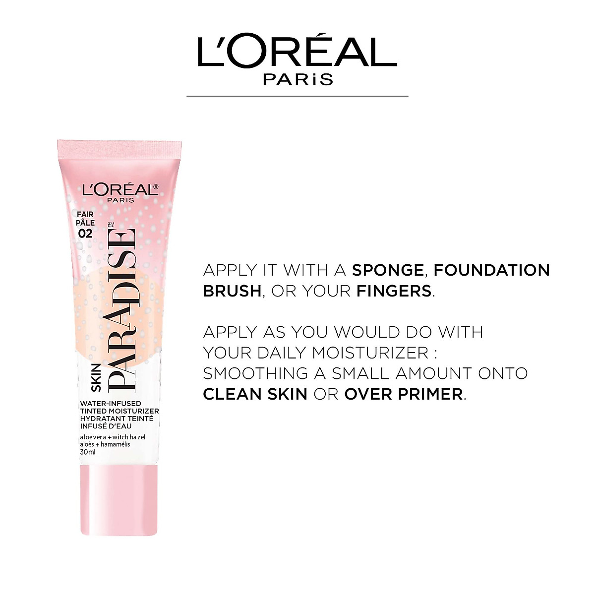 L'Oreal Paris Skin Paradise Water-infused Tinted Moisturizer with Broad Spectrum SPF 19 sunscreen lightweight, natural coverage up to 24h hydration for a fresh, glowing complexion, Light 01, 1 fl oz