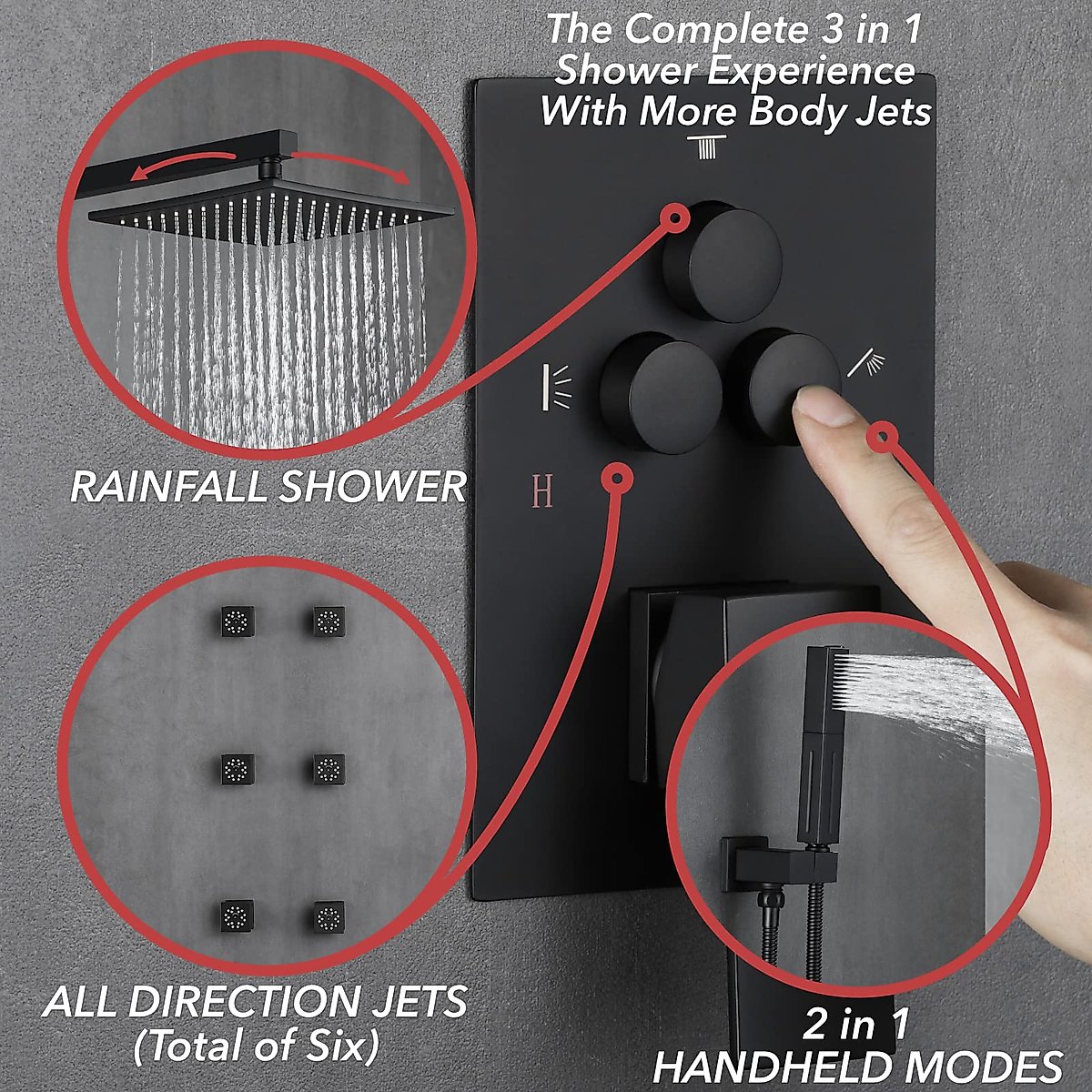 VANFOXLE Shower Faucet Set Matte Black Shower System,Push Button Diverter Shower Faucet with 2 in 1 Handheld,Wall Mount 10 Inch Shower Head with 6 PCS Dual Modes Body Jets(2 Inch)
