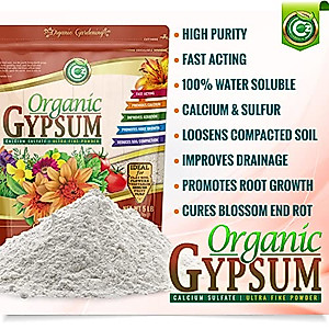 Organic Gypsum - Made in USA - Calcium Sulfate Dihydrate Powder - Garden Soil Amendment Fertilizer for Lawns, Plants, Mushroom Cultivation. Calcium & Sulfur Additive. Cures Blossom End Rot in Tomatoes