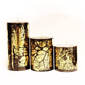 AuraDecor Set of 3 Black Pillar Candles with Gold Finish ( Gift Set , Pack of 3 Candles, 3, 4, 6 inch ), Large