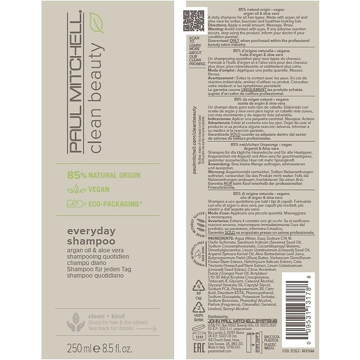 Paul Mitchell Clean Beauty Everyday Shampoo, Boosts Shine, Adds Body, For All Hair Types, 8.5 fl. oz.