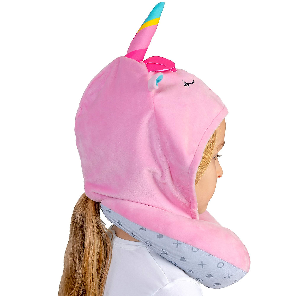 BENBAT Hooded Travel Pillow Neck Support – Soft, Polyester Total Car Seat Head Support for Children 4+ with Magnetic Closure and Ponytail Hole – Machine-Washable Travel Essentials (Unicorn)