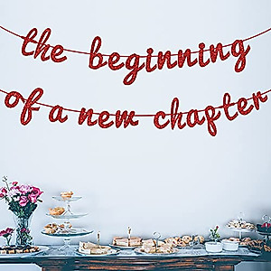 The Beginning of A New Chapter Banner - Adventure Awaits - Bunting Backdrops for Engagement/Graduation/Baby Shower/Retirement Party Decoration Supplies(Red)