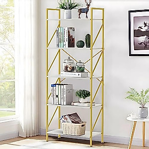 5 Tiers Bookshelf Tall Bookcase Shelf Storage Organizer Industrial Open Shelving Wood Large Modern Bookshelf for Living Room/Bedroom/Home/Office, White