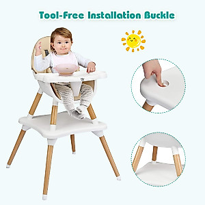 BABY JOY 5 in 1 High Chair, Convertible High Chairs for Babies and Toddlers/Booster Seat/Table and Chair Set, Infant Wooden Highchair w/ 5-Point Harness, 4-Position Removable Tray & PU Cushion (Khaki)